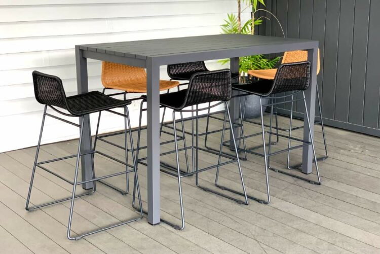 Dinner at Ours Range: 1.4 M White Outdoor Bar Leaner Table and 4 Rakino ...