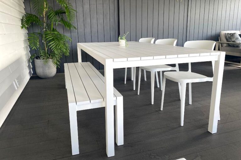Dinner at Ours Range:White 2M Outdoor Table,1 Bench & 3 Amado Chairs (3 ...