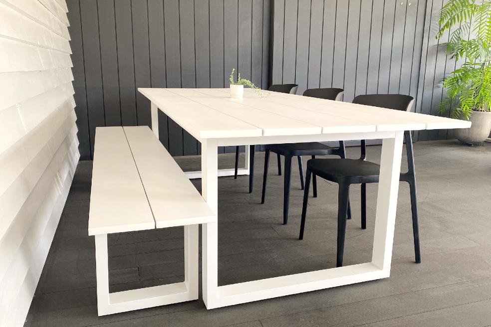Long Lunch Range: White Outdoor 2.4M Table, Bench & 3 Amado Chairs (3 ...