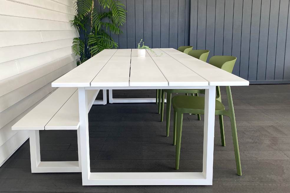 Long Lunch Range: White Outdoor 2.4M Table, Bench & 3 Amado Chairs (4 ...