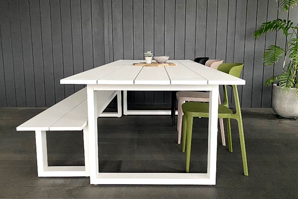 Long Lunch Range: White Outdoor 2.4M Table, Bench & 3 Amado Chairs (4 ...