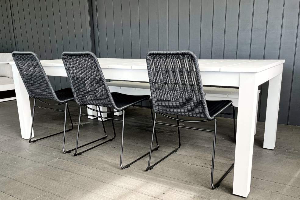 Alfresco Range: White 2.2M Outdoor Table,1 Bench & 3 Rakino Chairs (2 ...